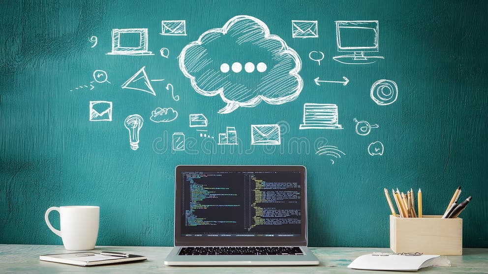 Laptop with Code Communication Concept Teal Background Cloud Computing ...