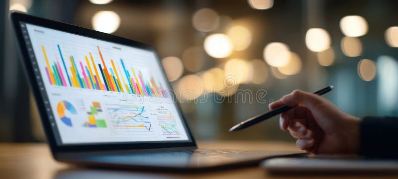 The Laptop Displaying Colorful Charts and Graphs in a Modern Office ...