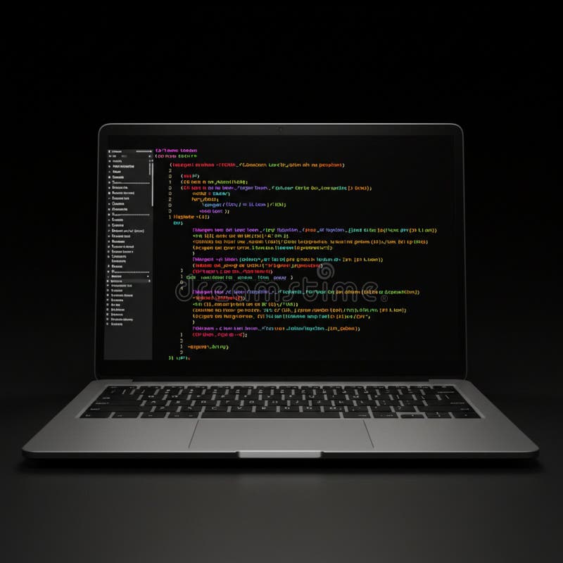 Laptop Displaying Colorful Code on Its Screen in a Dark Environment ... Laptop Displaying Colorful Code on Its Screen in a Dark Environment ...