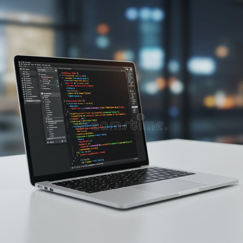 Laptop Displaying Colorful Code Lines In A Programming Editor Resting