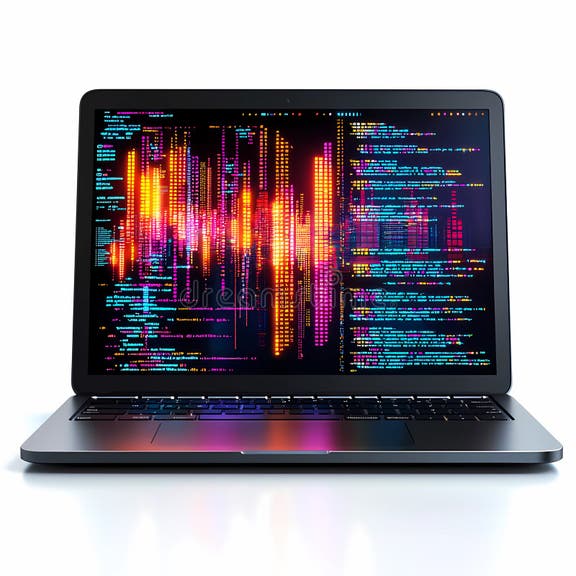 Laptop Displaying Colorful Coding Symbols and Patterns during a Programming Session Stock ...