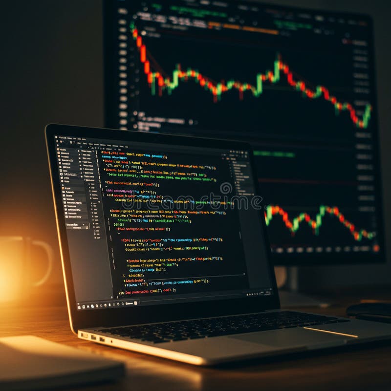 A Laptop Displaying Colorful Programming Code Sits on a Desk in a Dimly Lit Room. the Stock ...