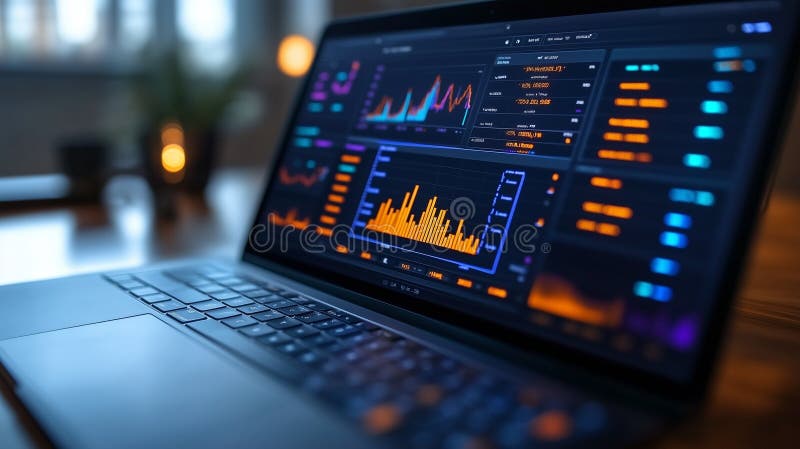 Laptop Displaying Complex Financial Data with Colorful Graphs and ...