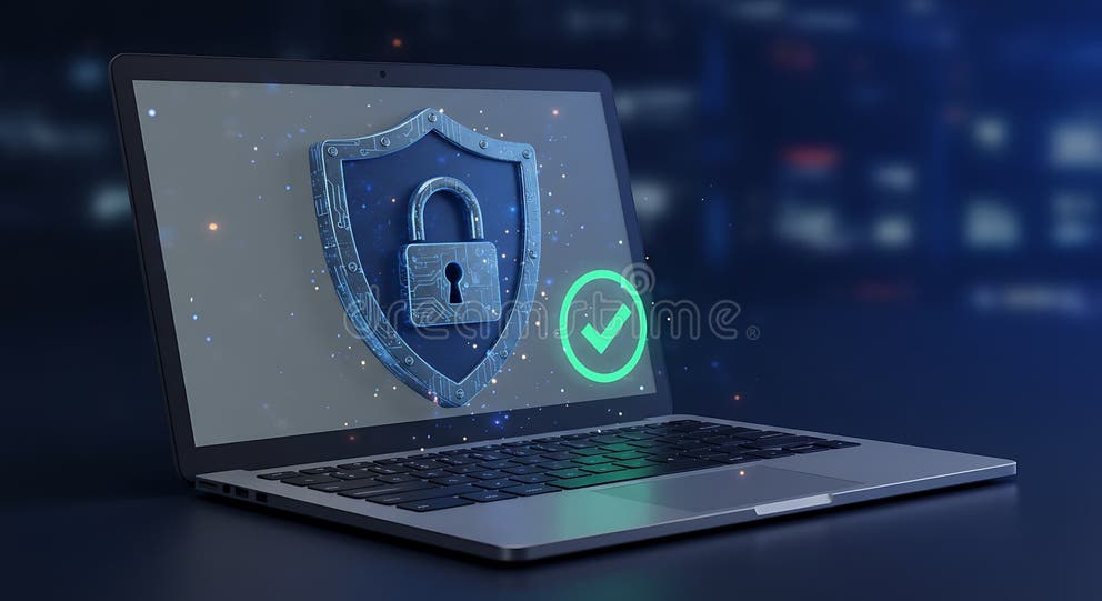 Laptop Displaying Cyber Security Shield with Lock and Approval Check ...