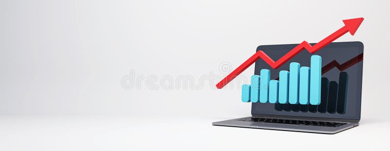 A Laptop Displaying a 3D Bar Graph with Upward Trending Arrow, Light ...