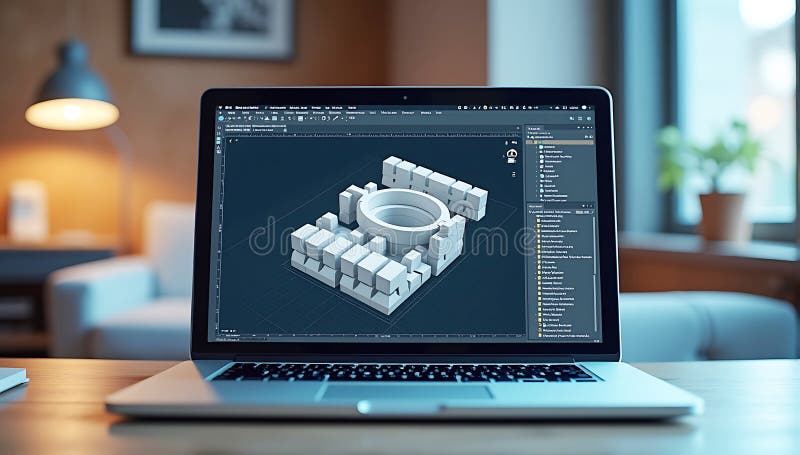 A Laptop Displaying 3D Modeling Software with a Partially Completed 3D ...