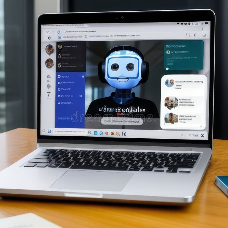 A Laptop Displaying a 3D Virtual Assistant with a Friendly Robot ...