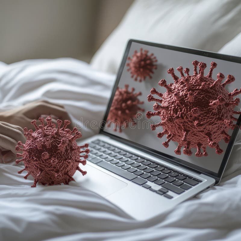 Laptop Displaying 3D Virus Render on Bed Stock Illustration ...