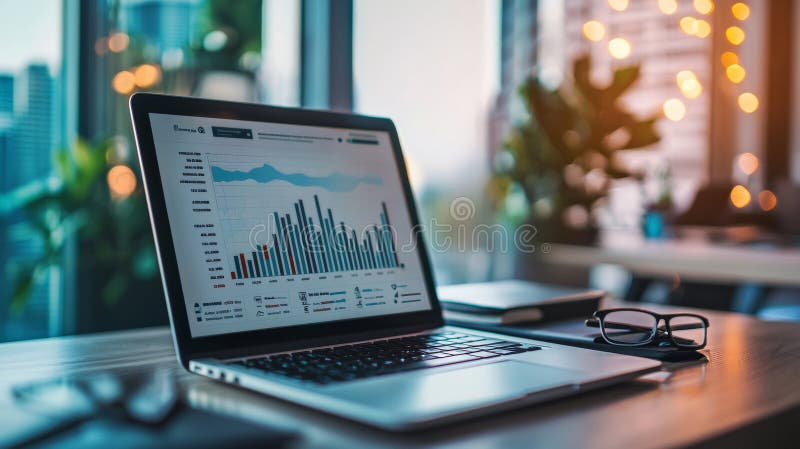 Laptop Displaying Data Analytics with Blurred Background Stock Photo ...