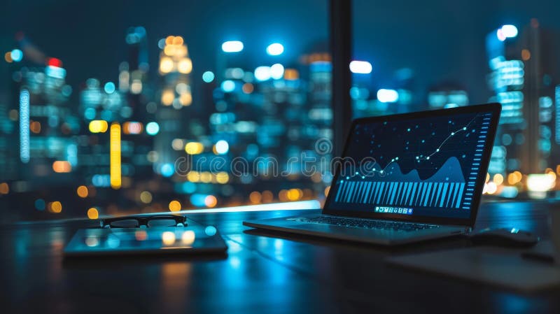 Laptop Displaying Data Analytics Cityscape Background Stock Photos ...
