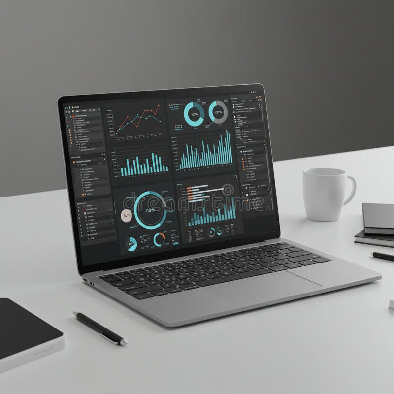 Laptop Displaying Data Analytics Dashboard with Charts and Graphs on a Modern, Stock Image ...