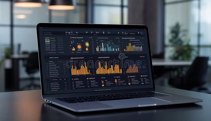 Laptop Displaying Data Analytics Dashboard in a Modern Office Setting ...