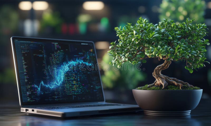 Laptop Displaying Data Analytics Next To a Bonsai Tree in Modern ...