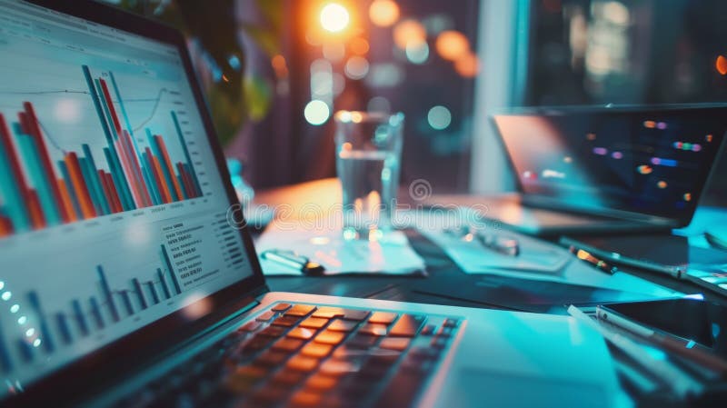 Laptop Displaying Data Charts on a Desk in a Modern Office Stock Photo ...