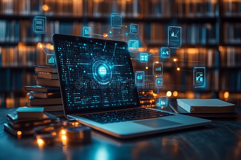 Laptop Displaying Digital Data with Holographic Interface, Books, and ...