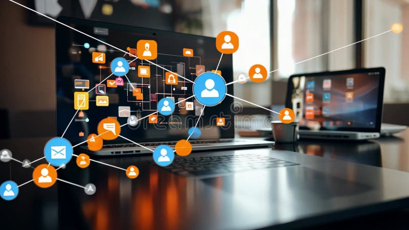 Two Laptops Sit on a Desk, One Displaying a Network of App Icons and ...