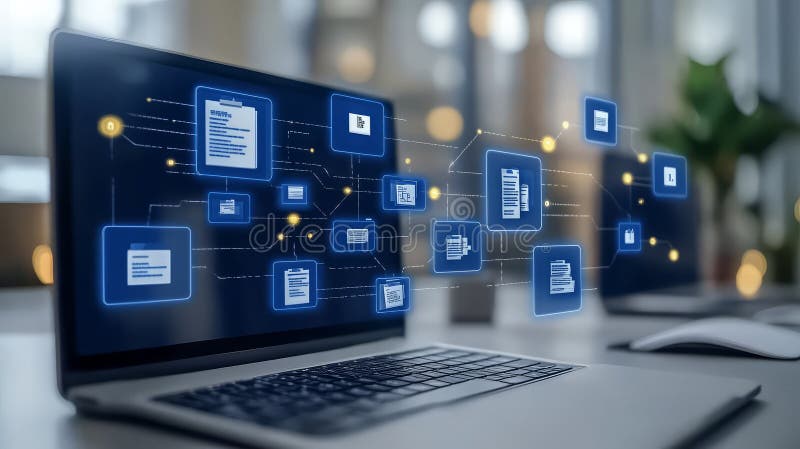 Laptop Displaying Digital Network Connections and Data Flow in Modern ...