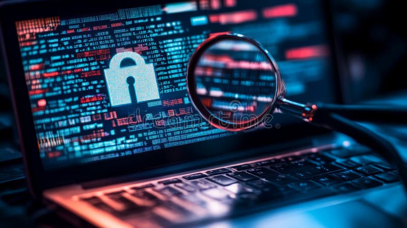 A Laptop Displaying a Digital Security Lock on a Code-filled Screen ...