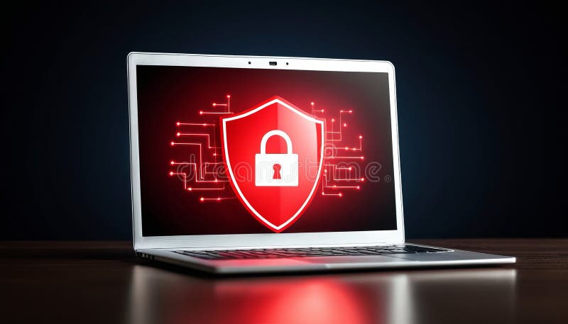 Laptop Displaying Digital Security Shield with Lock Symbol on Screen ...
