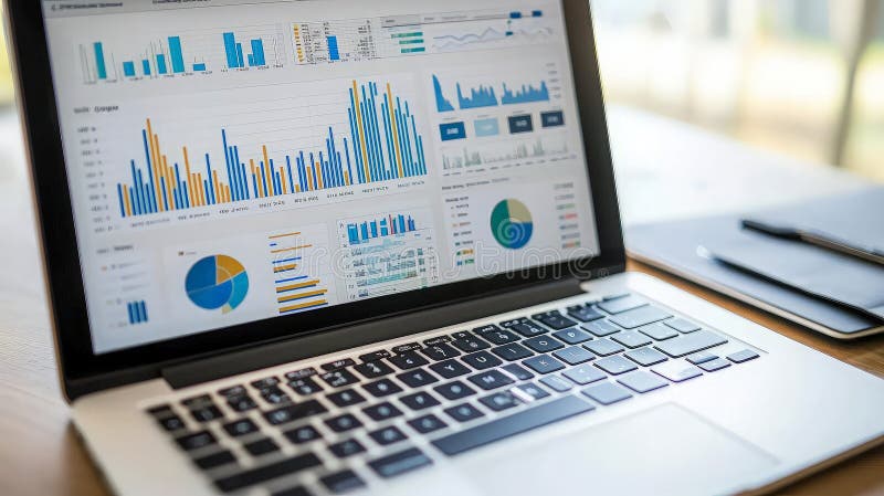 Laptop Displaying Diverse Data Charts and Graphs on a Desk Stock Image ...