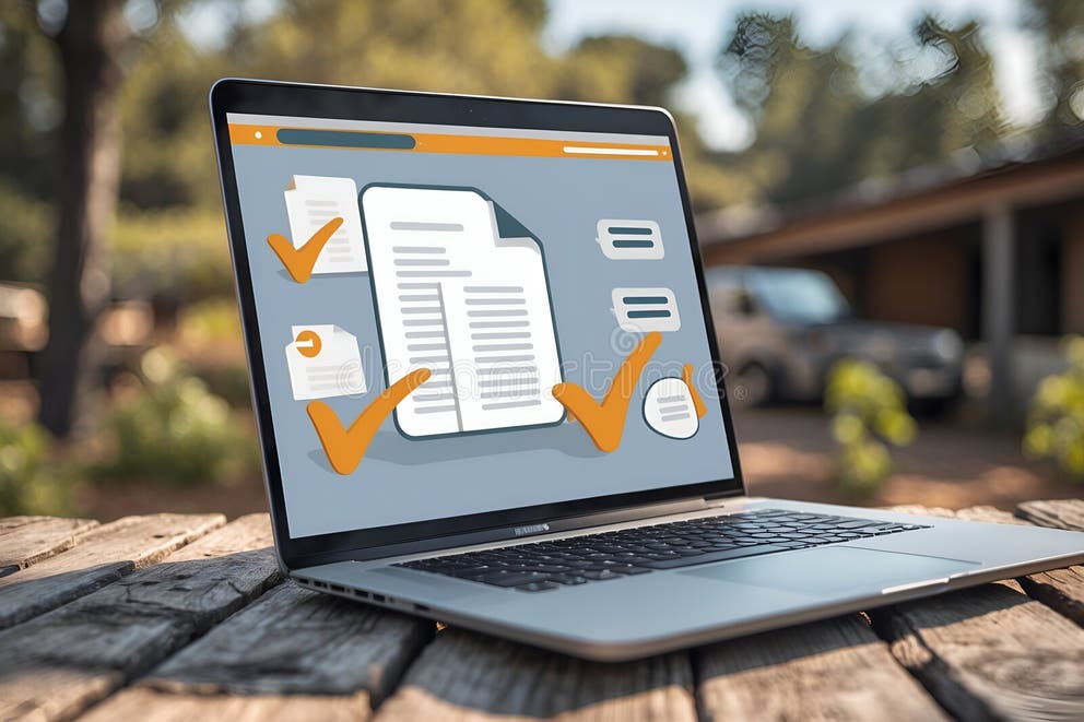 Laptop Displaying Document Approval Process Outdoors on Wooden Tabletop ...