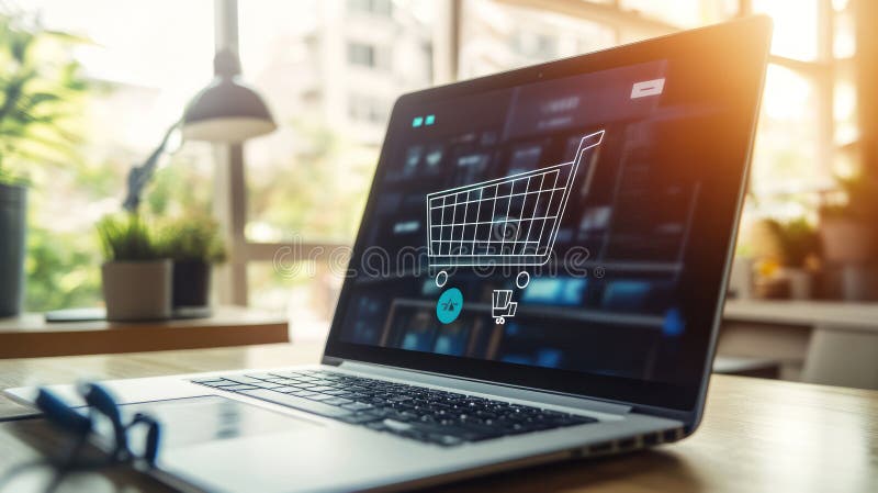 Laptop Displaying E-commerce Interface from Top Down Angle Stock ...