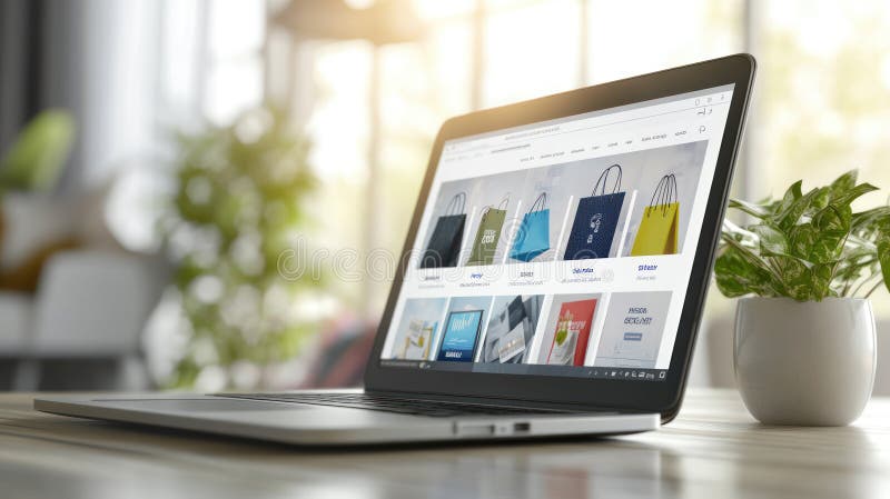 Laptop Displaying E-commerce Website in Bright Environment Stock Illustration - Illustration of ...