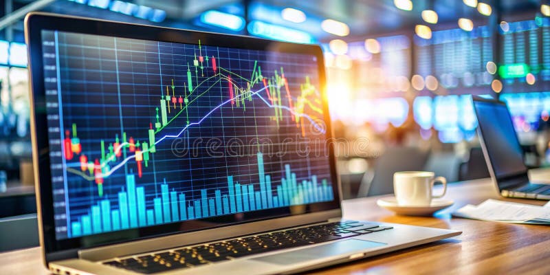 Laptop Displaying Financial Charts in a Modern Office Setting Stock ...
