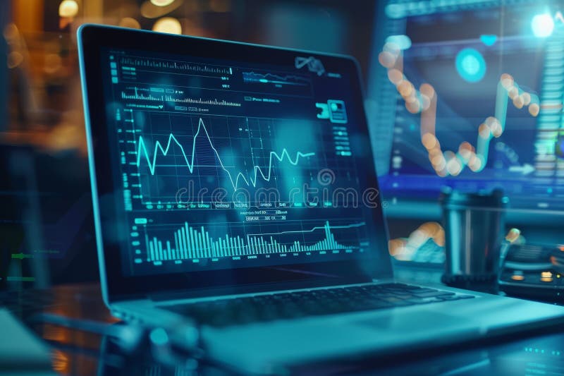 Laptop Displaying Financial Data Charts, Set in a Modern Office ...