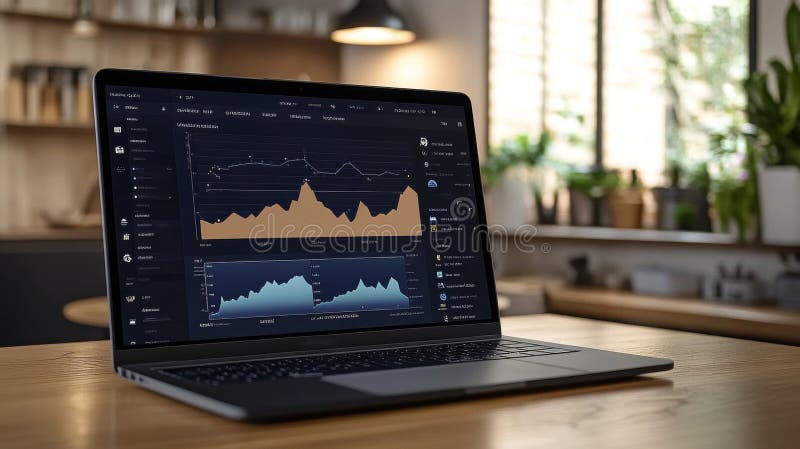 Laptop Displaying Financial Graphs on Wooden Table Stock Illustration ...