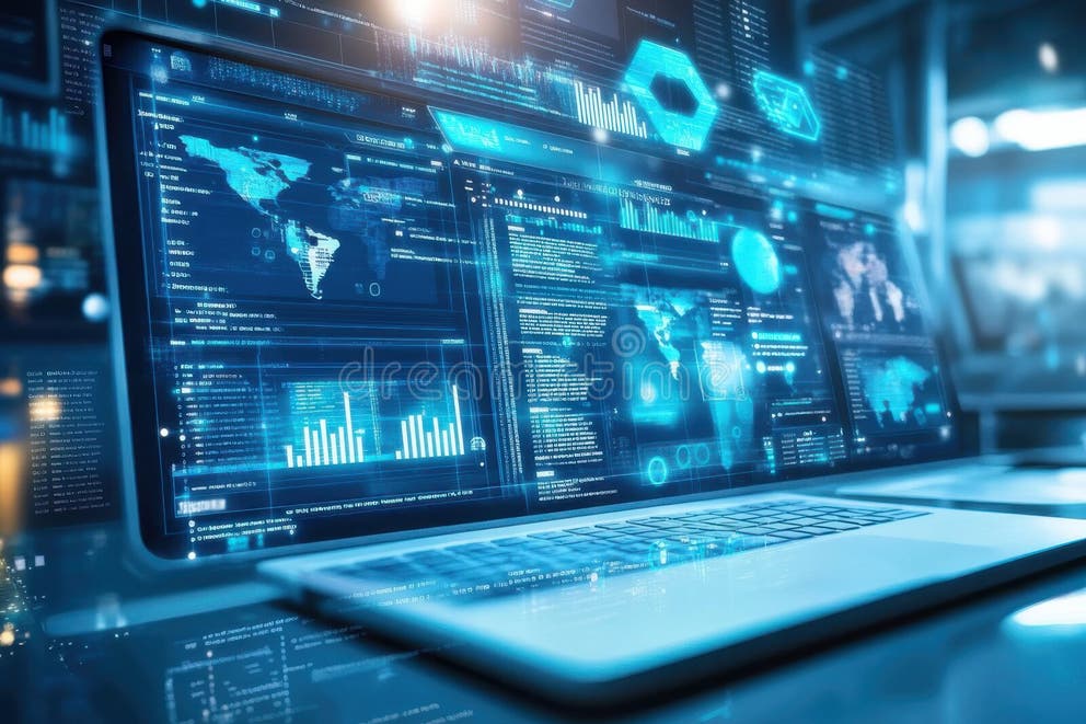 Laptop Displaying Futuristic Global Data Analysis Interface with Graphs, Charts and World Maps ...