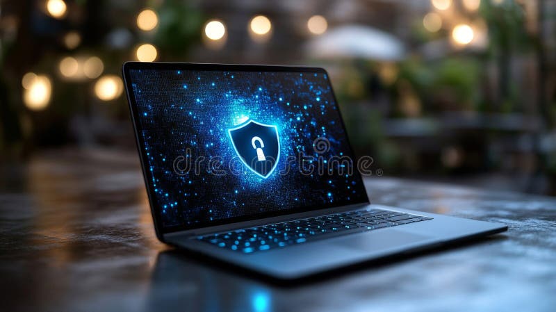 Laptop Displaying a Glowing Blue Security Shield Stock Illustration ...