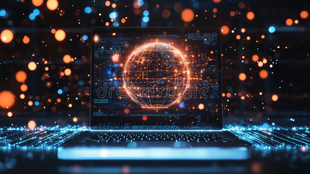 Laptop Displaying a Glowing Digital Globe with Network Connections ...