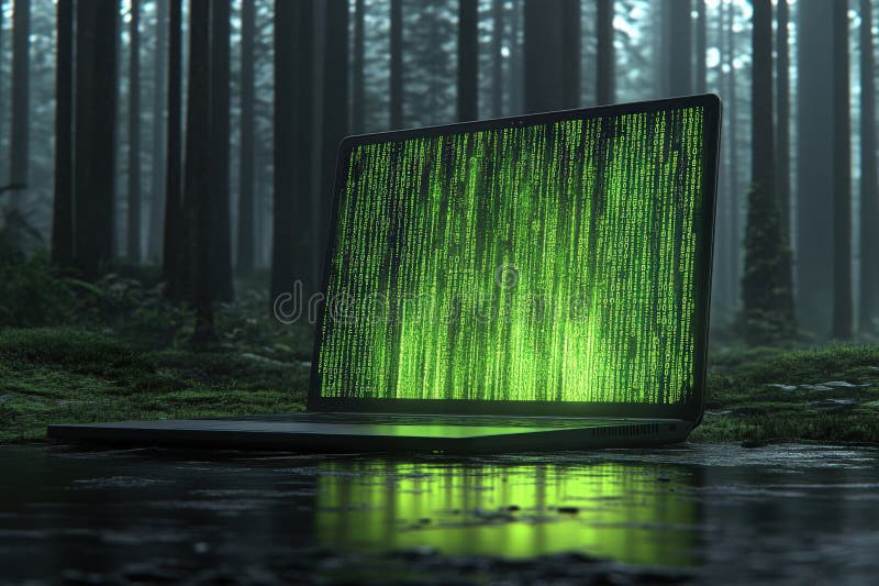 Laptop Displaying Green Binary Code is Placed on Wet Ground in a Misty ...