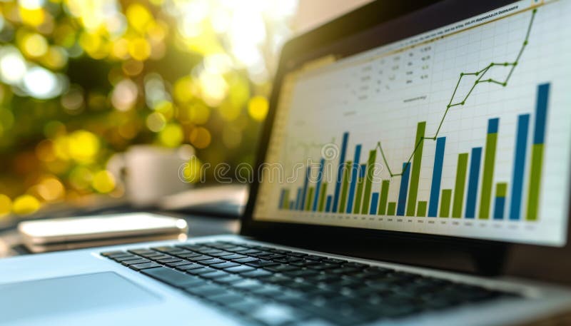 Laptop Displaying Growth Metrics in Graph Format on a Table with ...