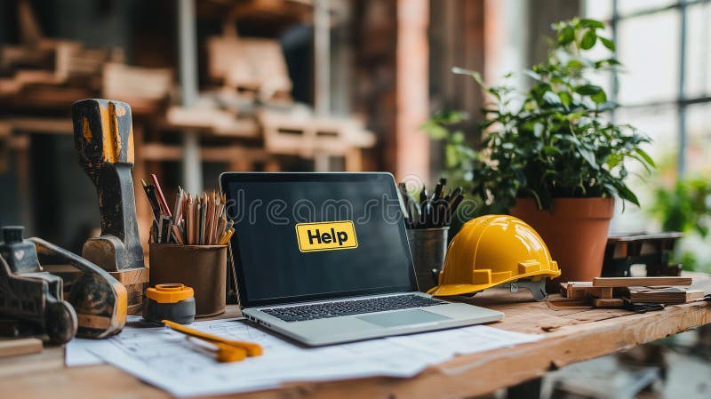Laptop Displaying Help Message on a Cluttered Workbench with Tools ...