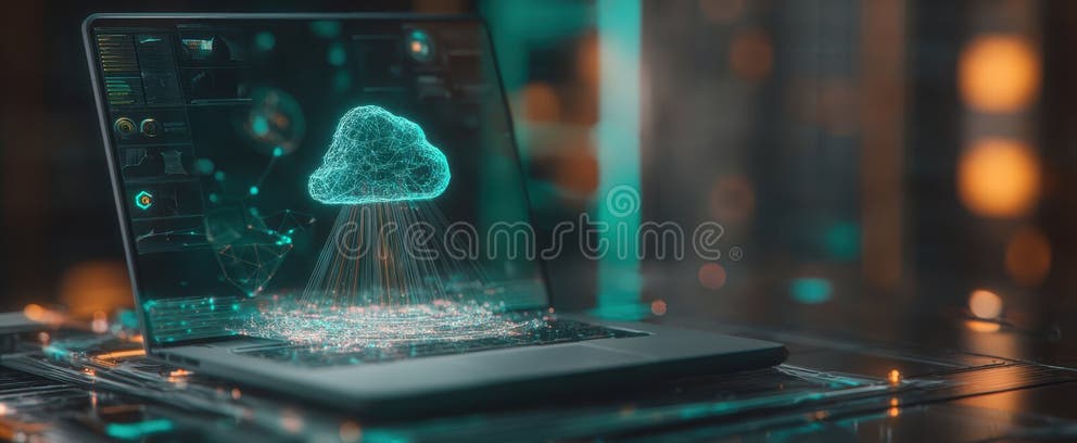 The Laptop Displaying a Holographic Cloud Computing Interface in a Modern Workspace.AI Generated ...