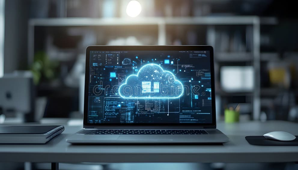 The Laptop Displaying a Holographic Cloud Computing Interface in a Modern Workspace Stock Image ...