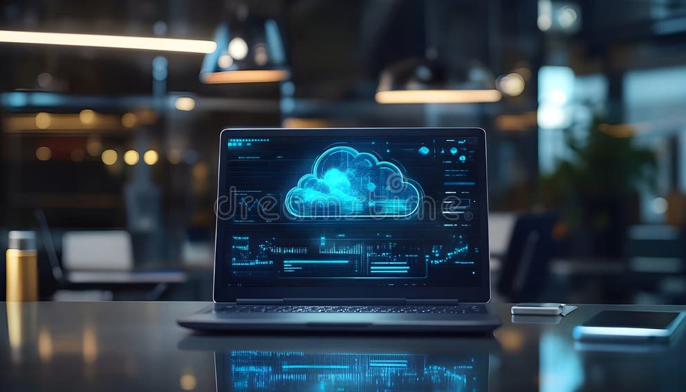 The Laptop Displaying a Holographic Cloud Computing Interface in a ...