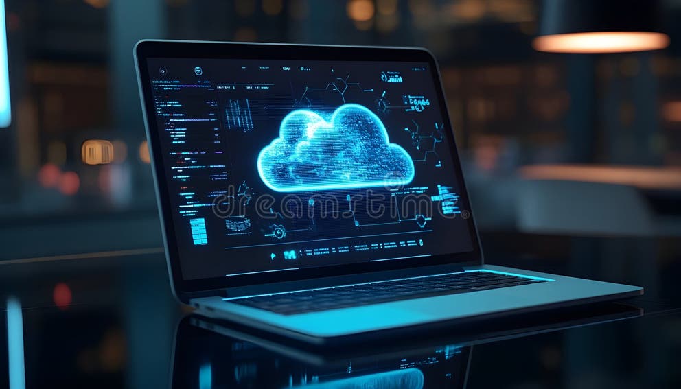 The Laptop Displaying a Holographic Cloud Computing Interface in a ...