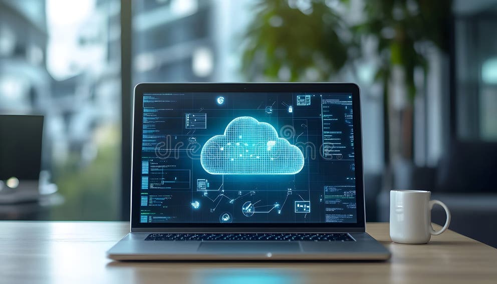 The Laptop Displaying a Holographic Cloud Computing Interface in a Modern Workspace Stock Image ...
