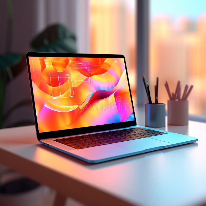 Laptop Displaying a City on Screen Placed on Table Stock Image - Image ...