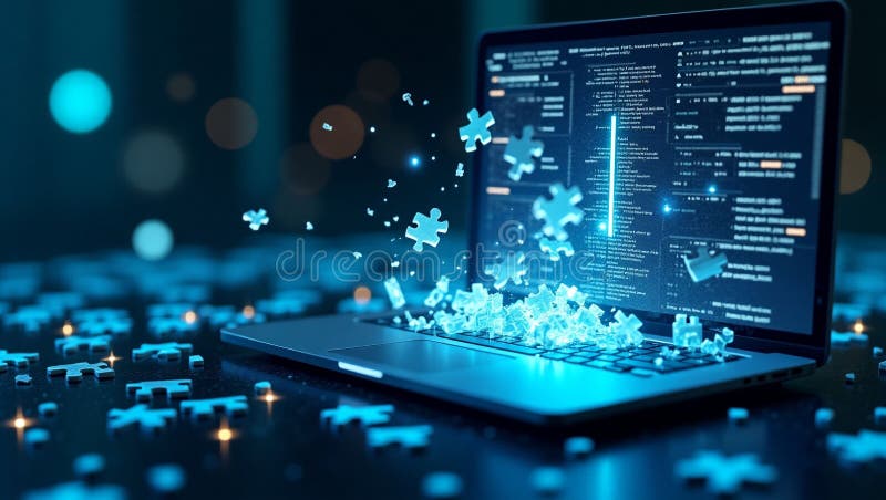 Assembling Digital Innovation with Puzzle Pieces Code on a Screen Representing Creativity and ...