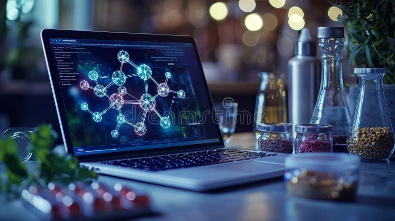 Laptop Displaying Molecular Structure on a Lab Table with Glass Jars ...