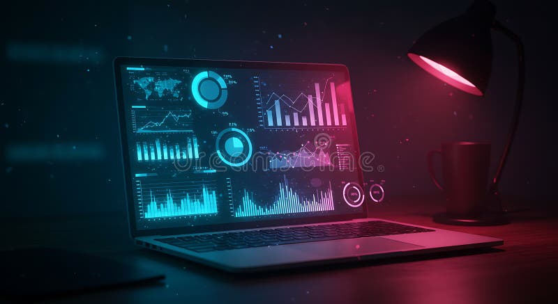 Laptop Displaying Multiple Digital Charts and Graphs with Neon Blue ...