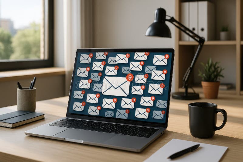 Laptop Displaying Numerous Unread Emails Workspace Stock Illustration ...