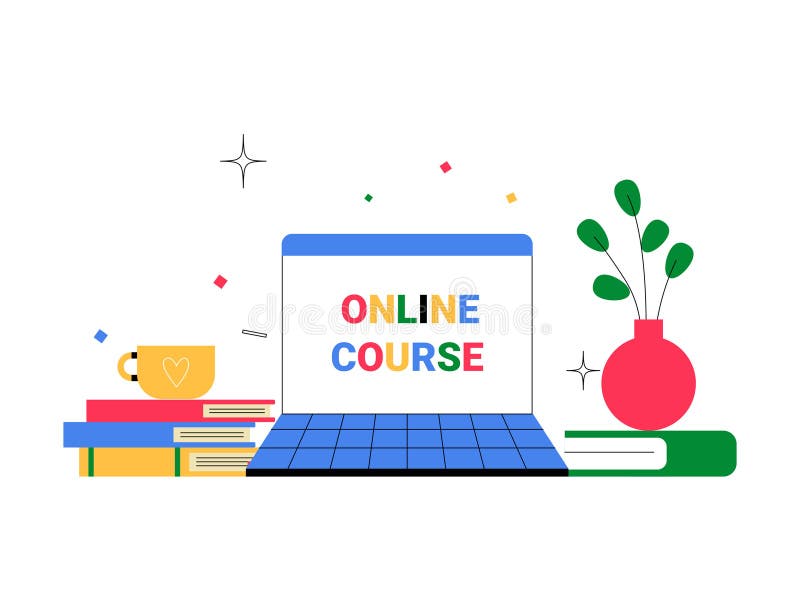 Laptop Displaying Online Course with Books and Vase in Flat Vector ...