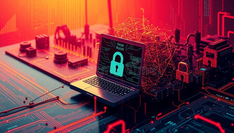 Laptop Displaying Padlock Symbol on Screen with Electronic Circuitry ...