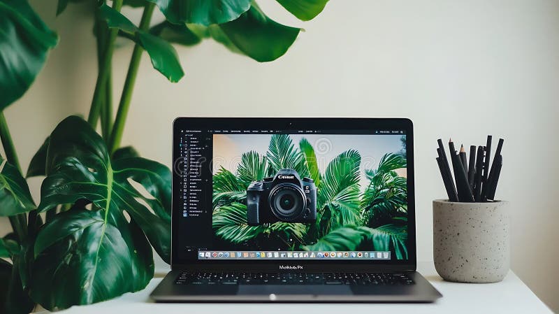 Laptop Displaying Photo Editing Software, Camera, and Plants Stock ...
