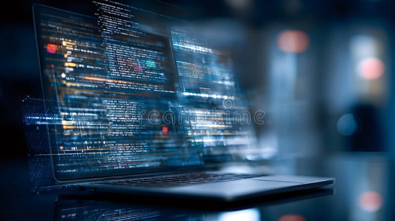Laptop Displaying Programming Code and Digital Data Streams Stock Image - Image of programming ...